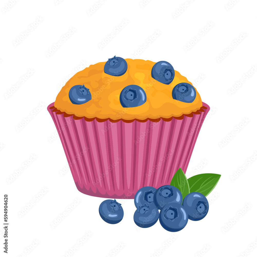 Blueberry muffin and heap of berries isolated on white. Vector cartoon illustration of fresh ...