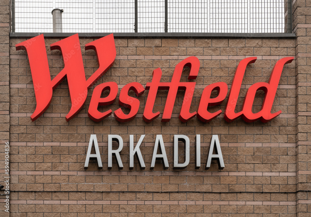 Westfield Arkadia shopping mall logo sign. Shopping complex center in ...