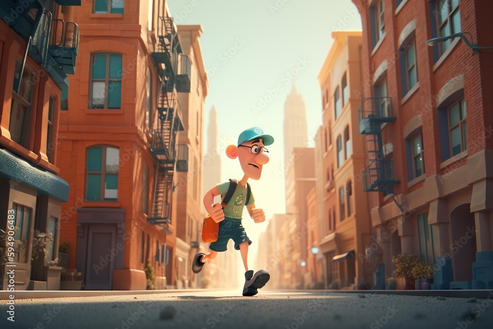 A Cartoon Character Running Down A City Street In A Cartoon Style Urban ...