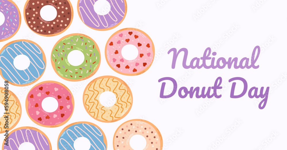 National Donut Day banner. Celebrations promotional flyer. Flat cartoon ...