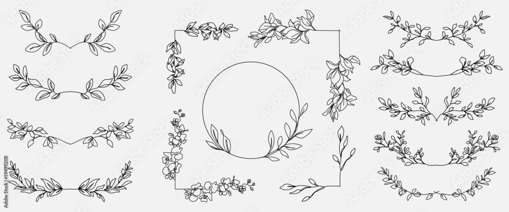 Line Drawing Floral Borders, Vintage Frames with Linear Leaves, Flowers ...