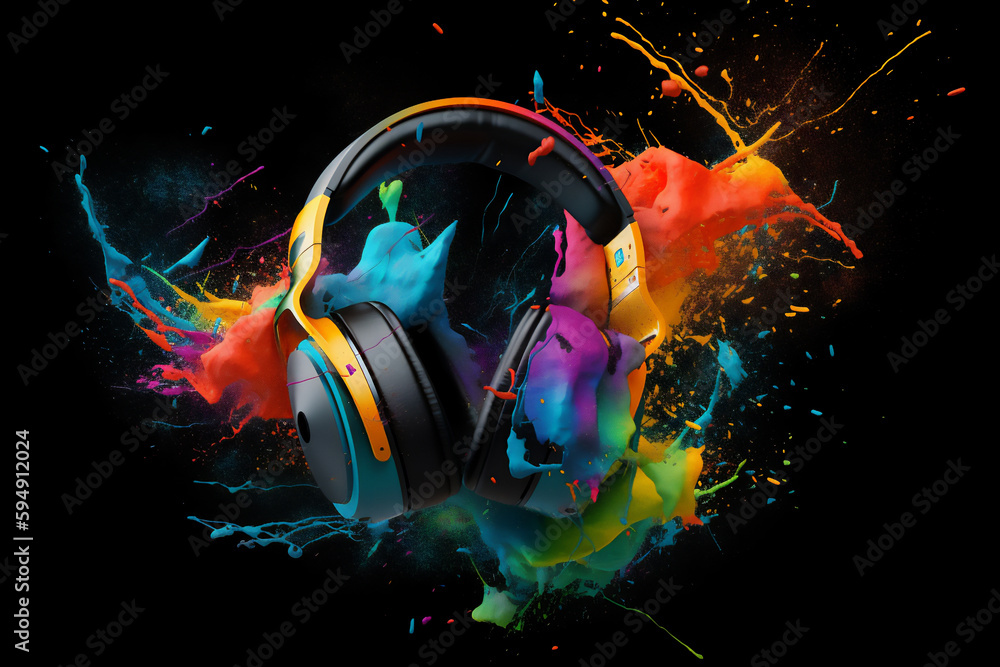 Dj headphones with colorful smoke and paint coming of it in a vivid ...