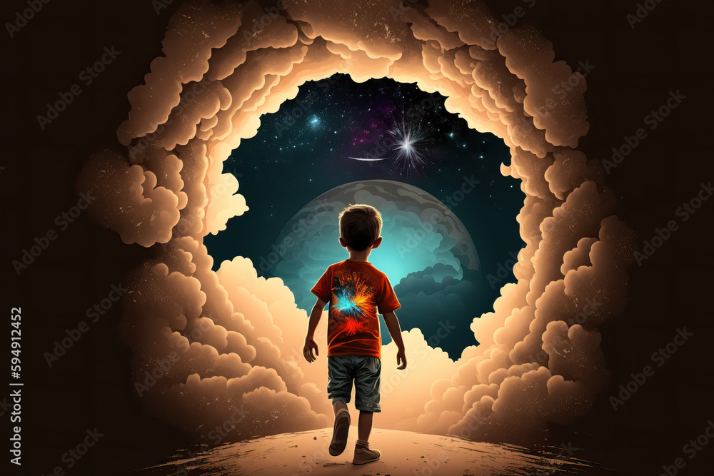 Curious boy in front of metaverse gate to cyber dimension realm Stock ...