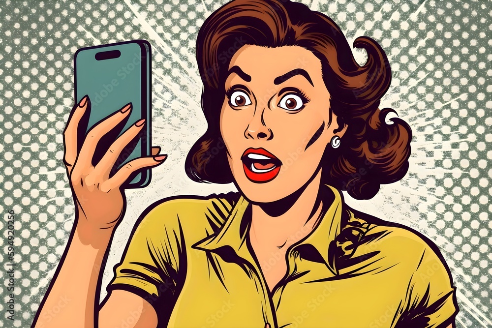 Girl with phone in the hand in comic style. Woman with smartphone ...