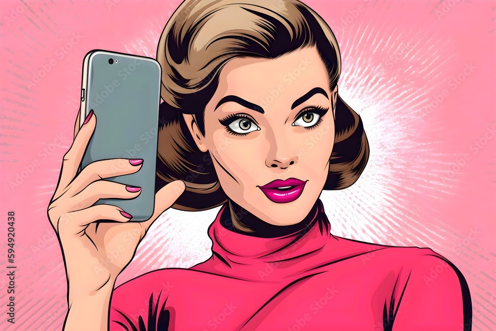 Girl with phone in the hand in comic style. Woman with smartphone ...