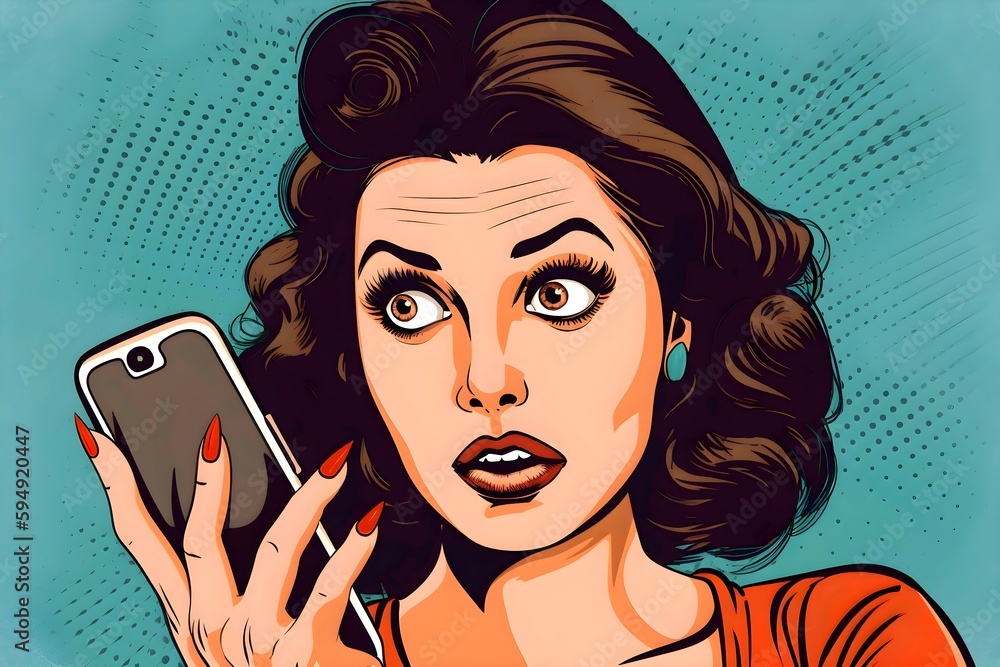 Girl with phone in the hand in comic style. Woman with smartphone ...