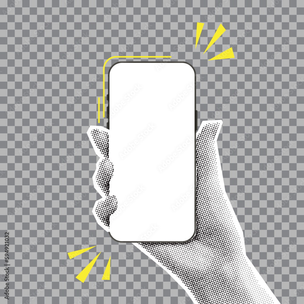 Mockup of smartphone in halftone hand. Vector illustration with hand ...