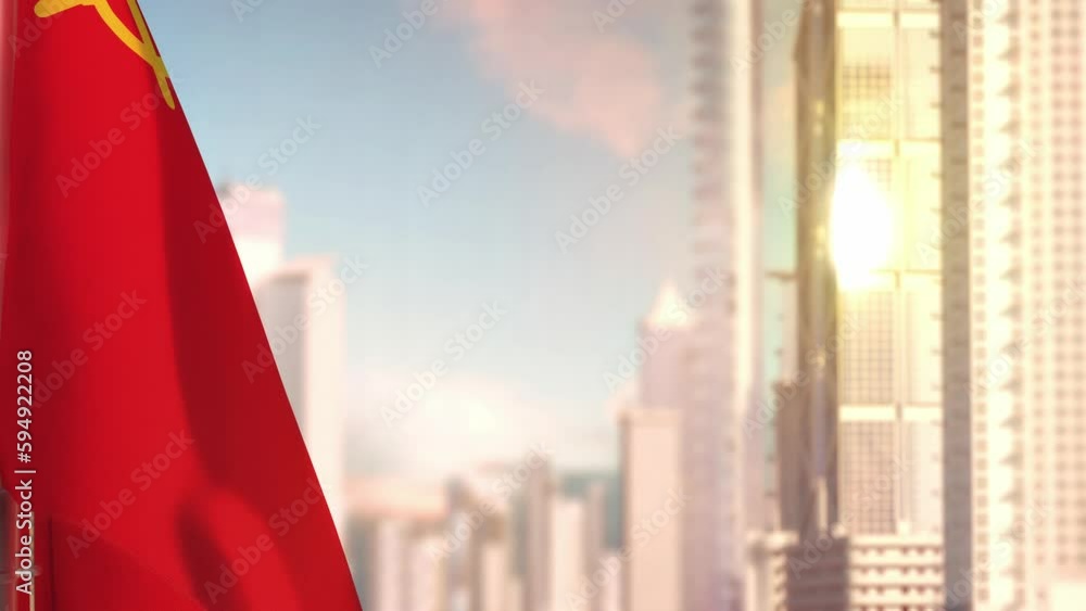 Soviet Union (USSR, SSSR) flag at sunset with modern city buildings ...
