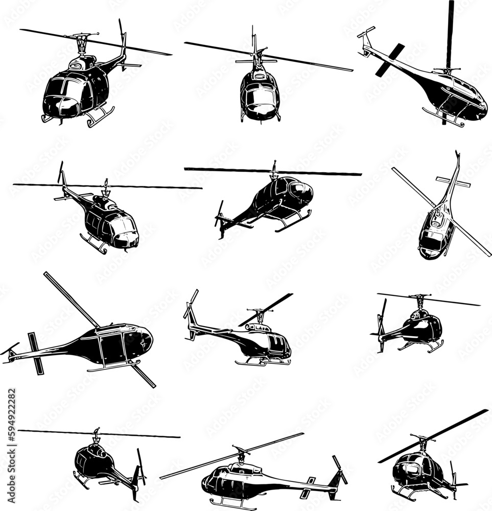 helicopter 3d model illustration set, Helicopter silhouette set render ...