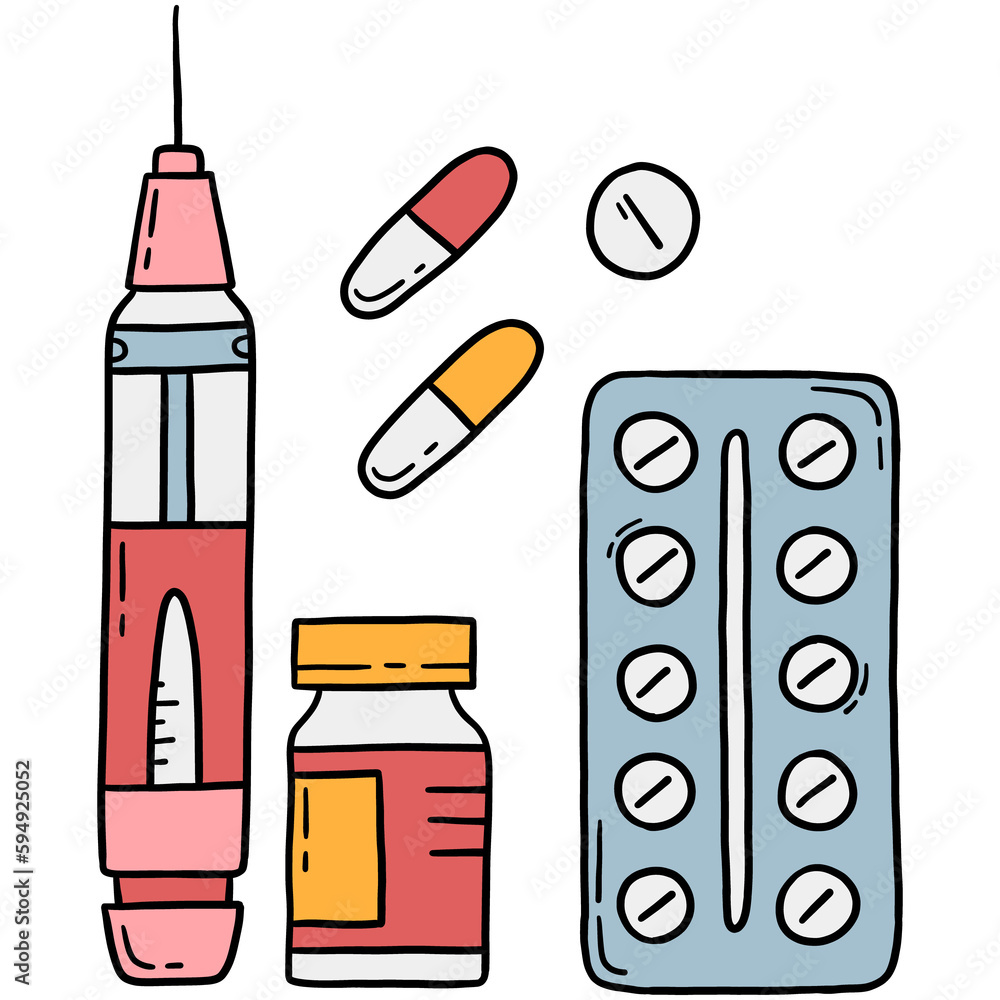 Syringe injector pen, medical drugs and pills illustration in doodle ...