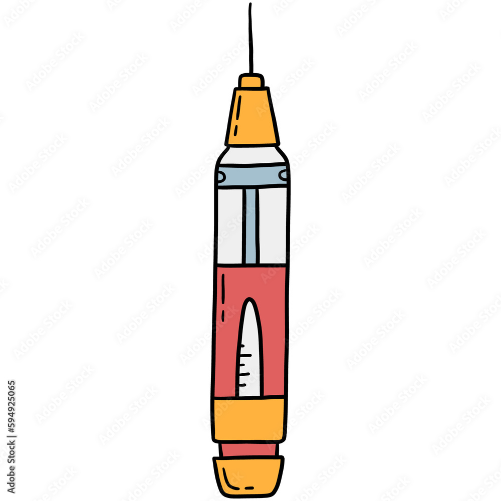 Injector medication insulin pen or syringe in doodle cartoon style ...