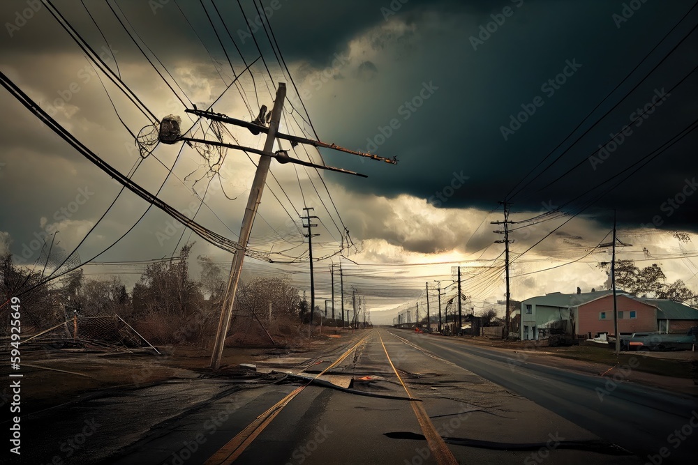 dark clouds over broken power lines in street after aftermath hurricane ...