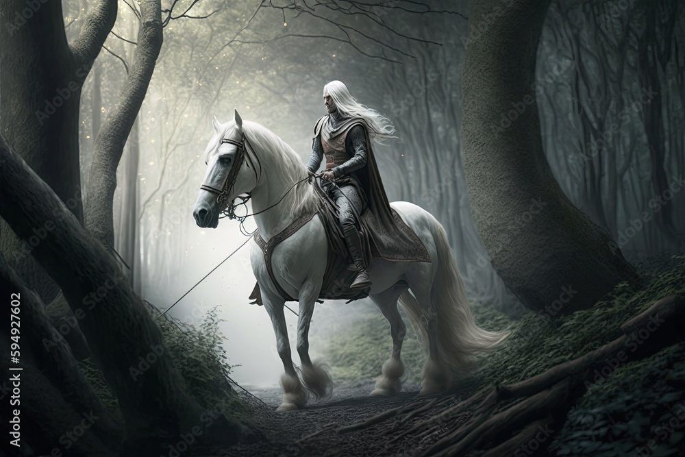 elf riding magnificent white horse through forest, created with ...