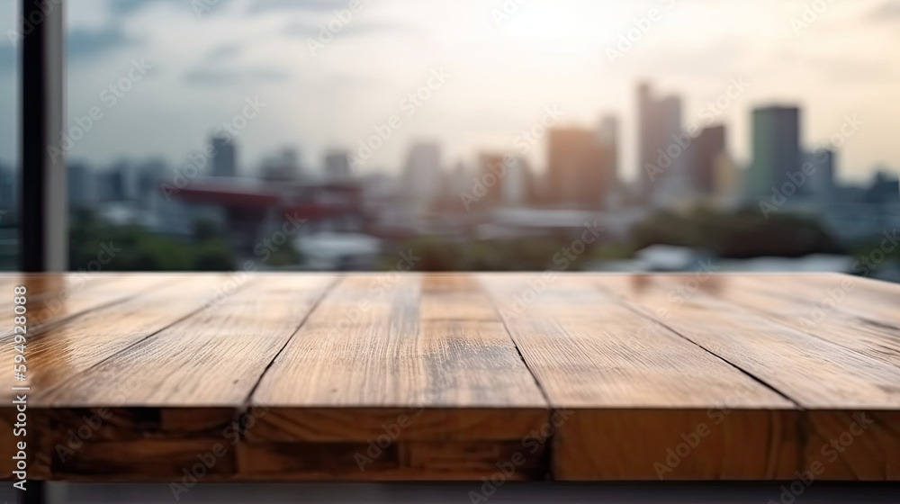 Wood table top on blur glass window wall building background Stock ...