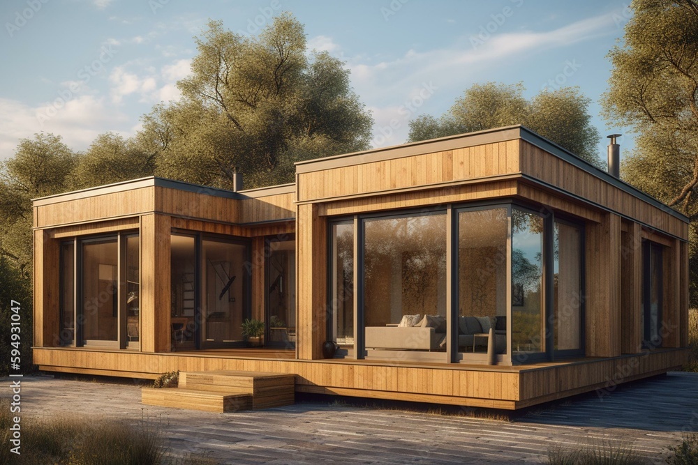 Timber frame modular house with flat roof, panoramic windows and double ...