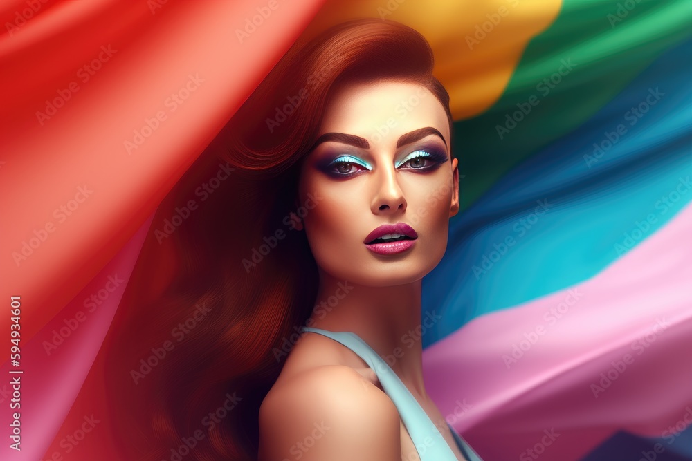 A young caucasian transgender model with red hair holding a rainbow ...