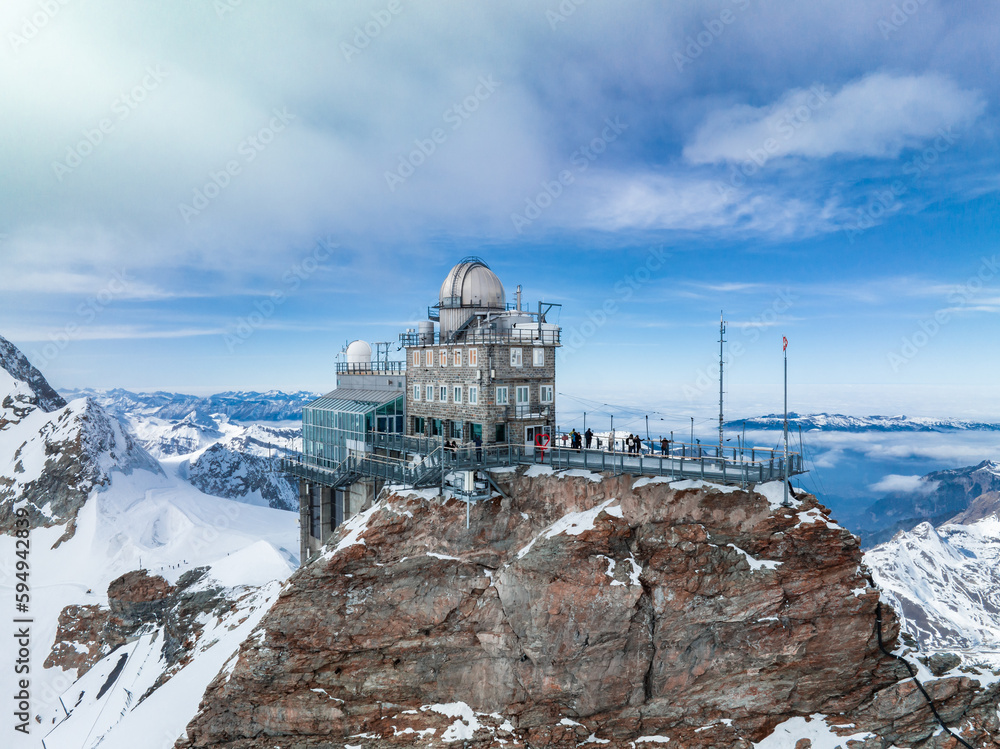 Aerial panorama view of the Sphinx Observatory on Jungfraujoch - Top of ...