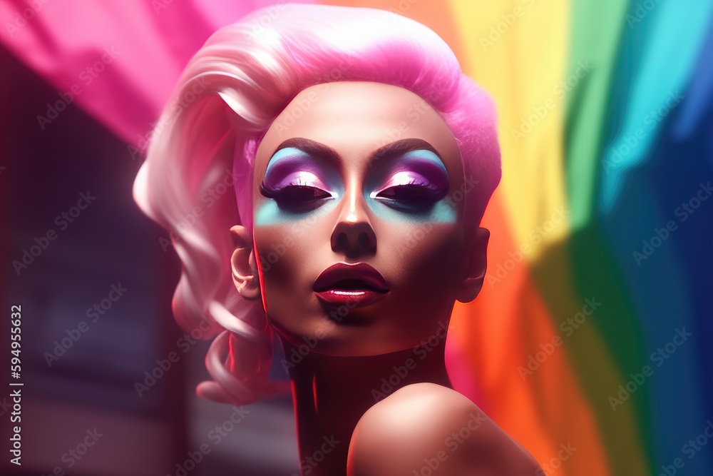 Beautiful drag queen with pink hair, make up in trans colors and a ...