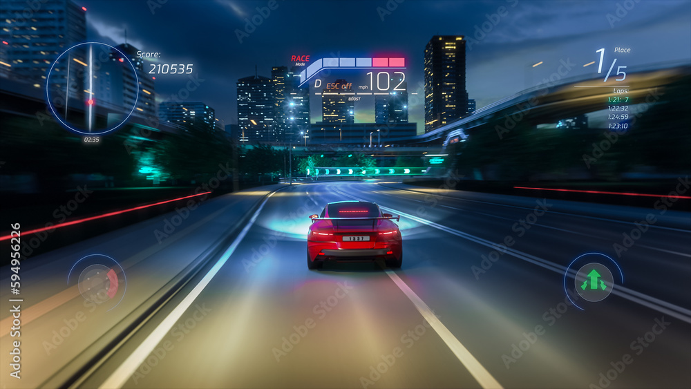 ภาพประกอบสต็อก Gameplay of a Racing Simulator Video Game with Interface. Computer Generated 3D ...