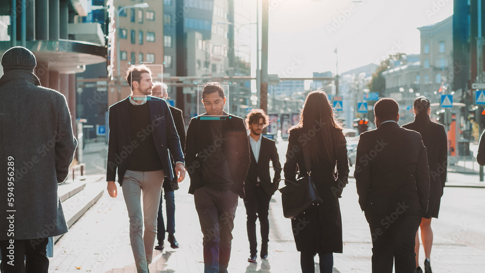 Crowd of Business People Tracked with Technology Walking on Busy Urban ...