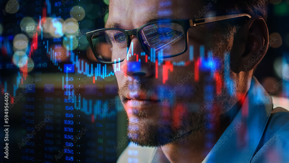 Stock Market Trader Working Investment Charts, Graphs, Ticker, Diagrams ...