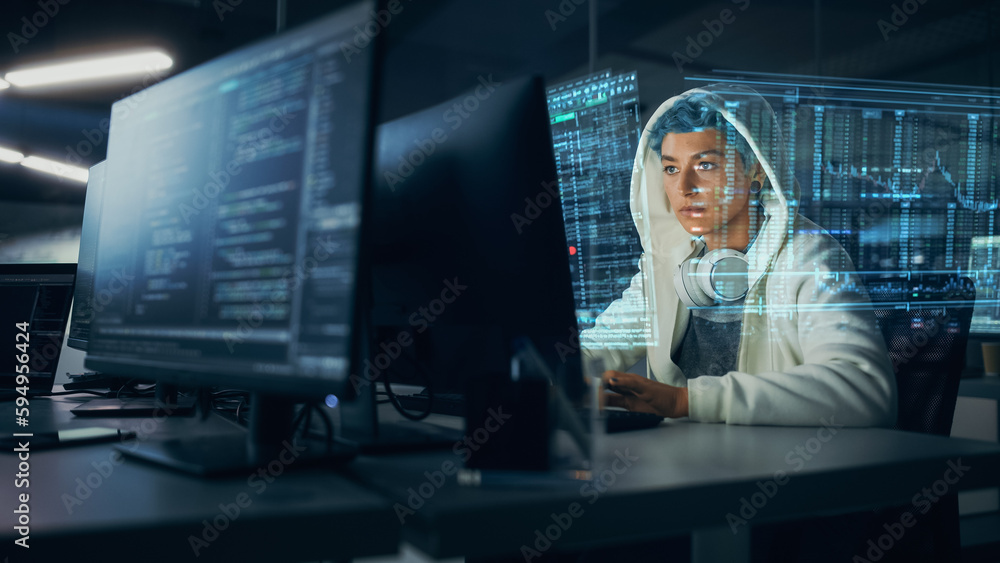 Hologram Screens: Portrait of Young Female IT Specialist Working on PC with Holographic ...
