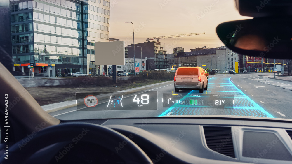 Futuristic Autonomous Self-Driving Car Moving Through City, Head-up ...