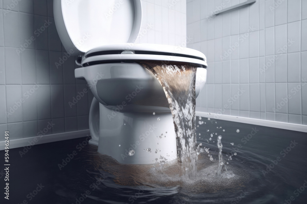Clogged sewer system. Water rises from the toilet bowl. Created with ...
