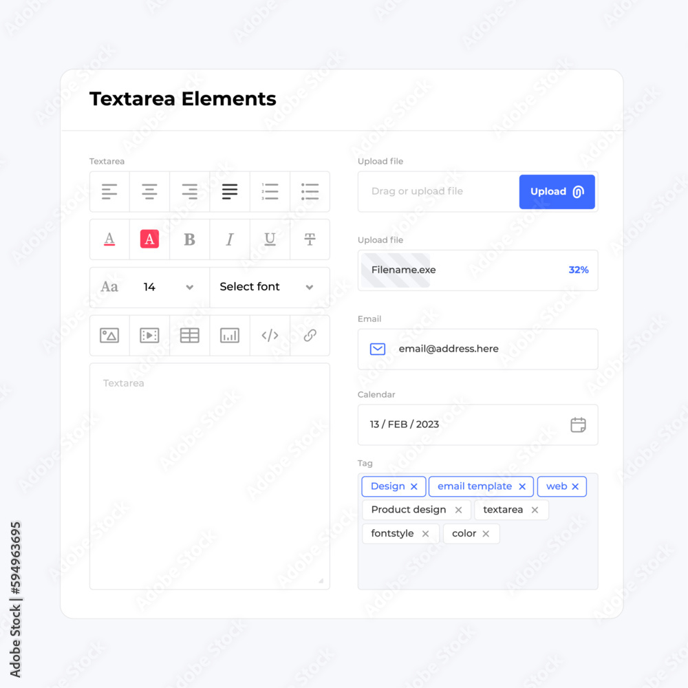 Basic textarea tag attachment upload download text style UI design form ...