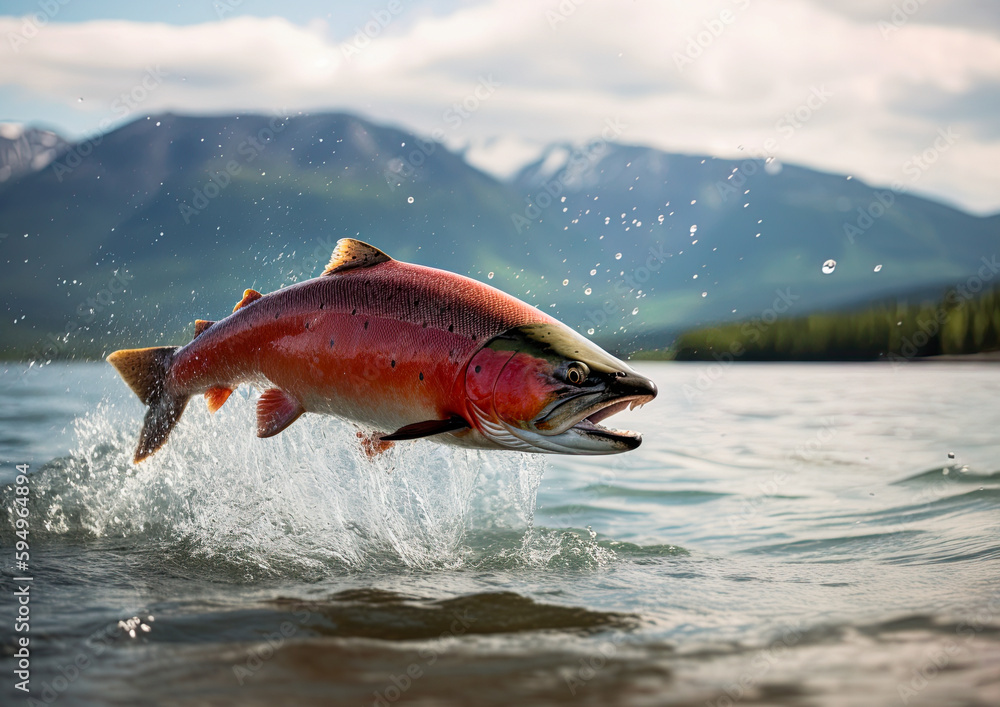 Sockeye Salmon jumping out of water in Alaskan river. Ai Generative ...