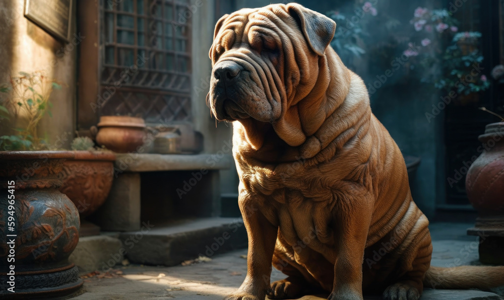 Chinese Shar-Pei standing proudly in traditional Chinese courtyard. Dog ...
