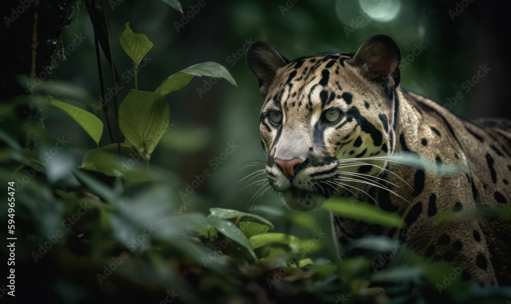 Jungle's Majesty: Photo of clouded leopard, stealthily stalking through the lush foliage of ...