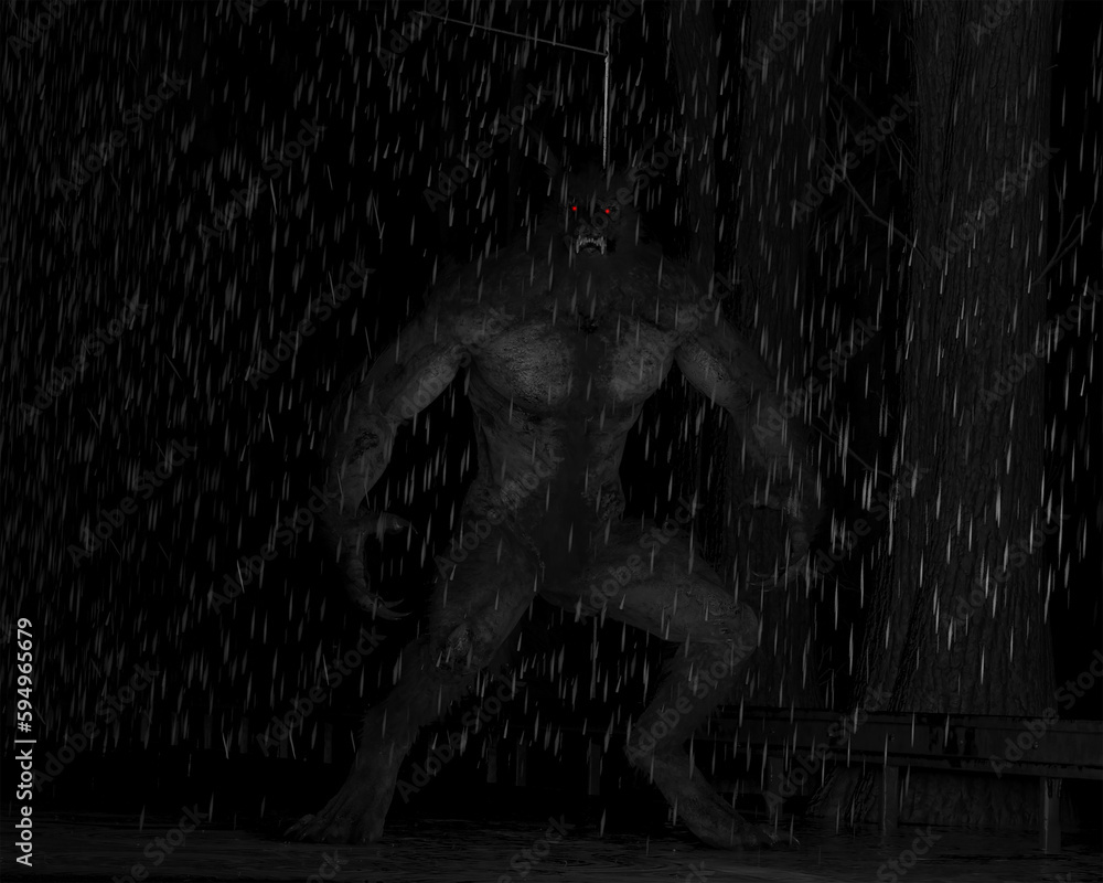 3d illustration in black and white of a Werewolf Dogman cryptid with ...