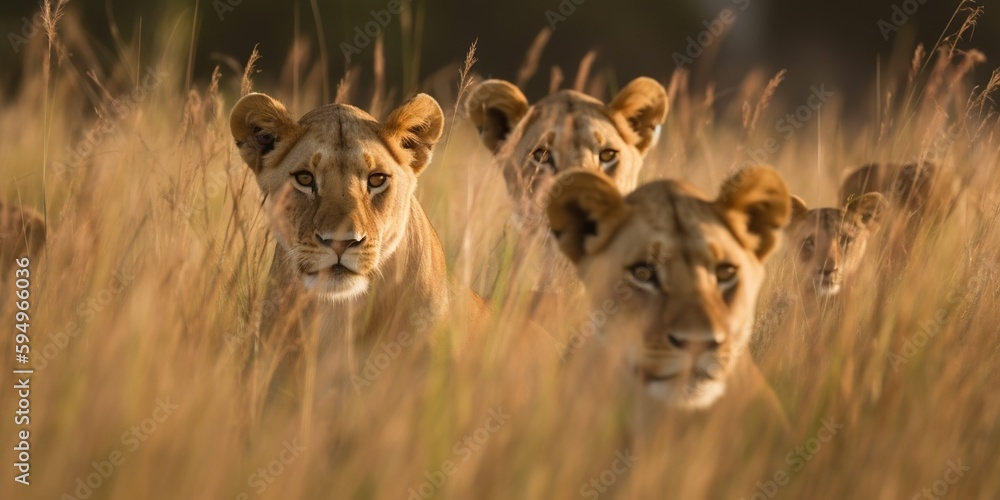 Ilustrace „A pride of lions stalking their prey through the tall grass, concept of Predator and ...