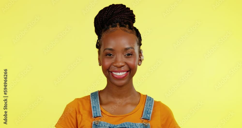 Salute, portrait and black woman with deaf hearing aid in greeting sign ...