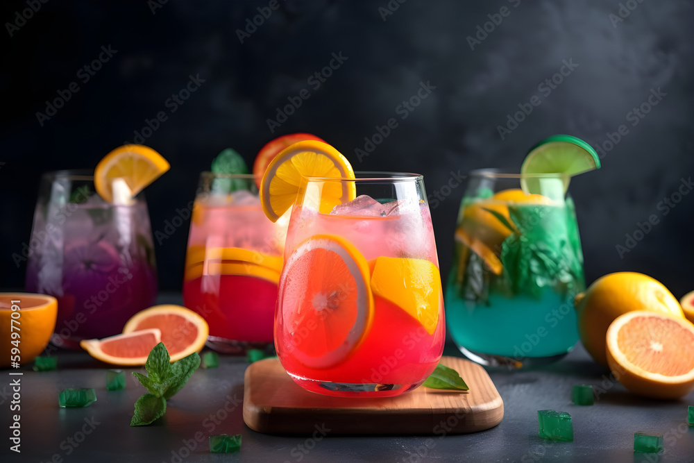 Colorful non-alcoholic summer cocktails in glasses on a dark background ...