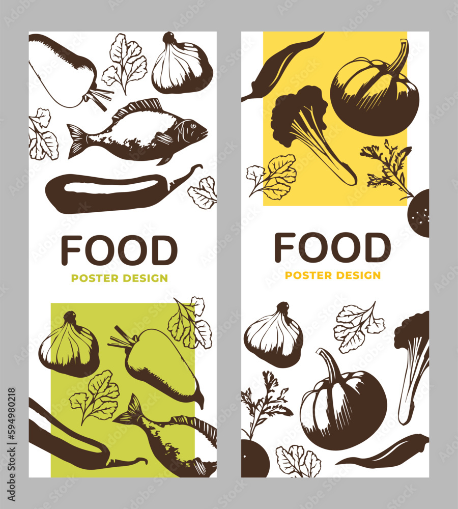 Vector pattern vegetables and fish in dark color on a white background ...