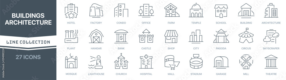 Buildings And Architecture Linear Signed Icon Collection Signed Thin