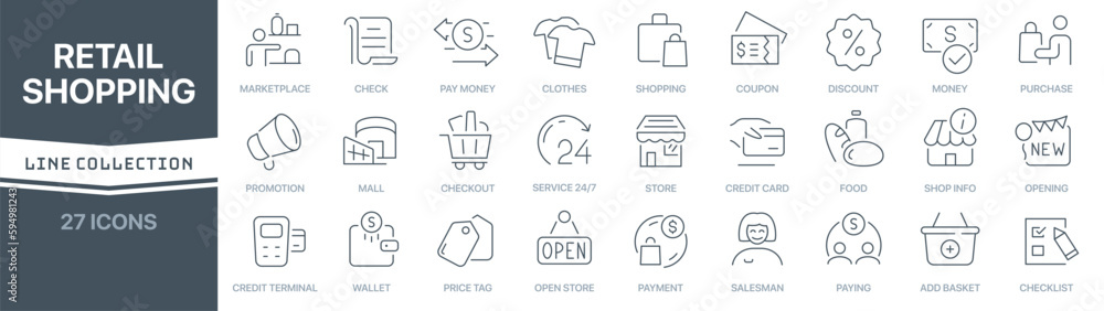 Retail and shopping linear signed icon collection. Signed thin line ...