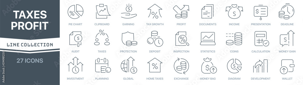 Taxes And Profit Linear Signed Icon Collection Signed Thin Line Icons