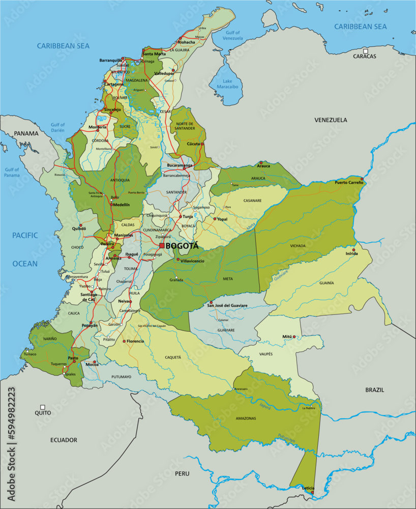 Highly detailed editable political map with separated layers. Colombia ...