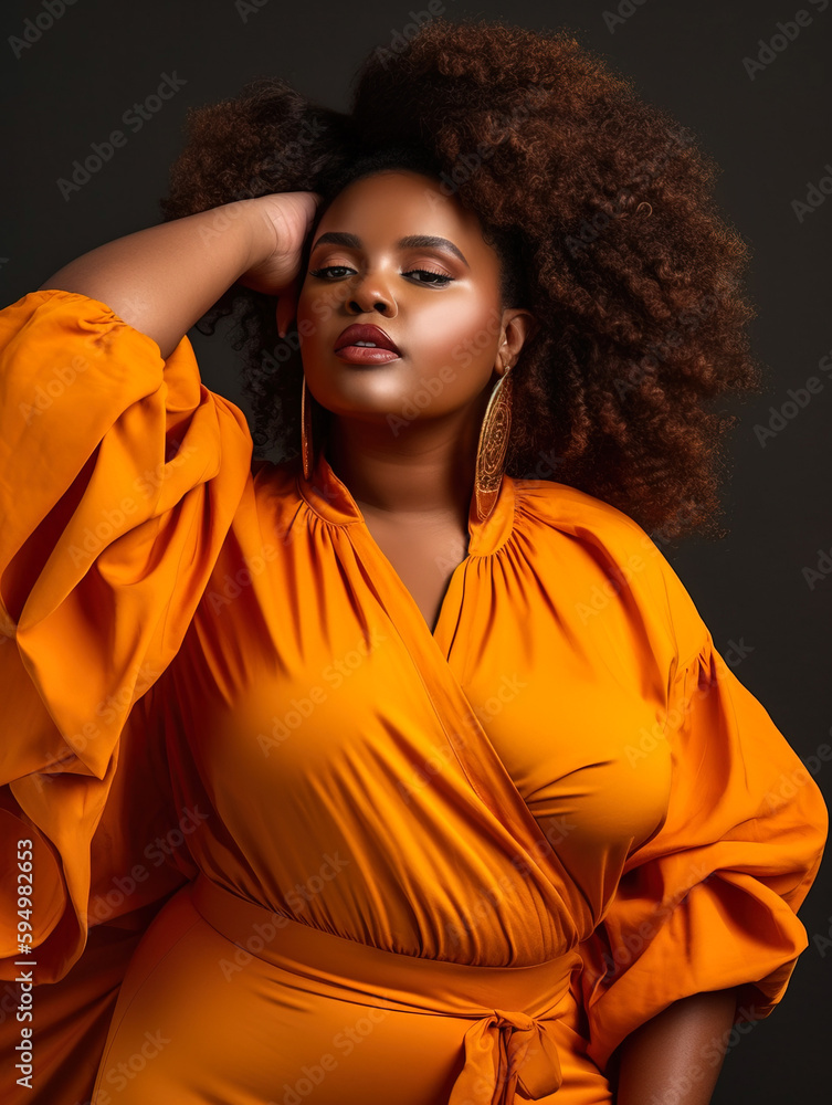 Plus size model poses in a stylish costume standing against the wall in ...