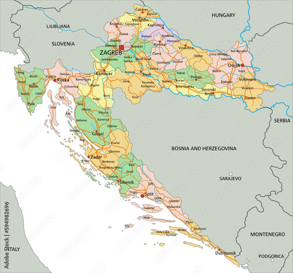 Croatia - Highly detailed editable political map with labeling. Stock ...