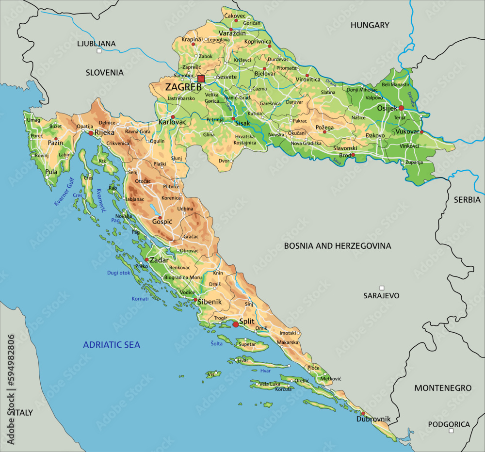 Poster High detailed Croatia physical map with labeling. – Wall Art ...