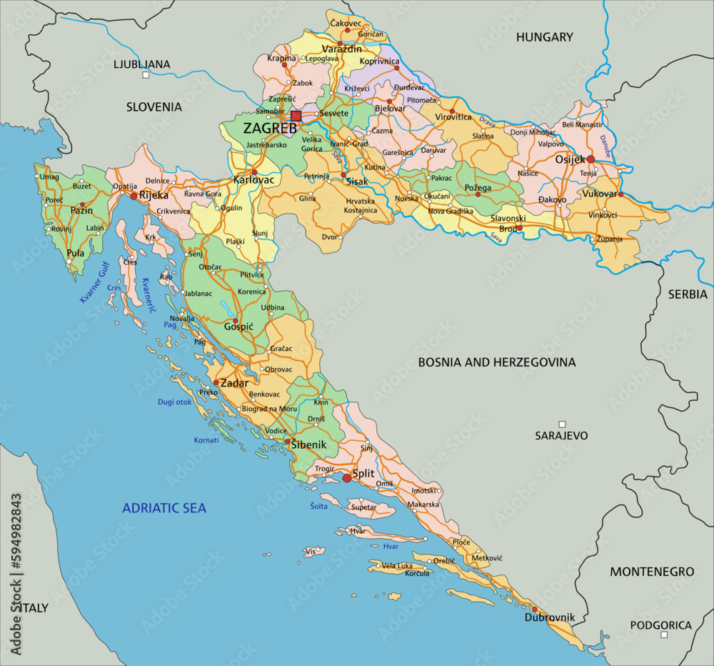 Photo & Art Print Croatia - Highly detailed editable political map with ...