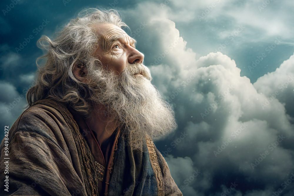 Old man with a beard, with a stormy sky in the background. Visionary ...