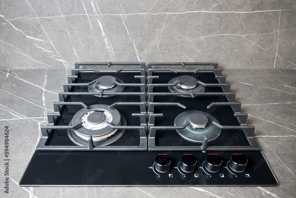 Contemporary black tempered glass gas stove hob with wok burner with ...