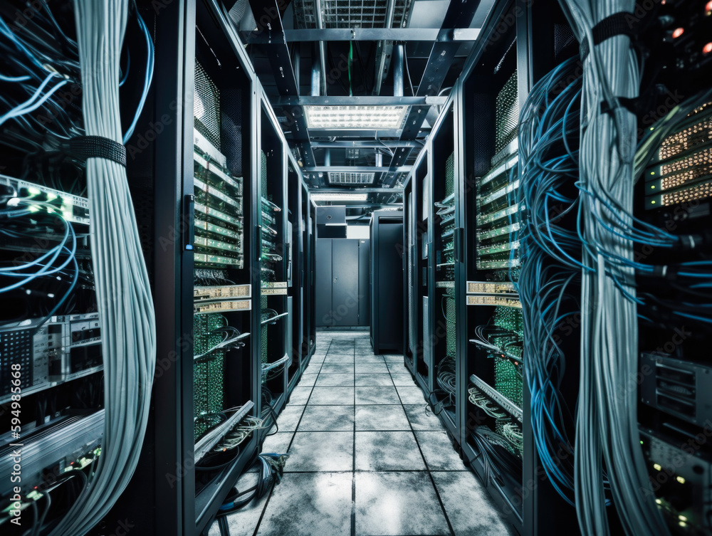 Server racks in computer network security server room data center, 3d ...