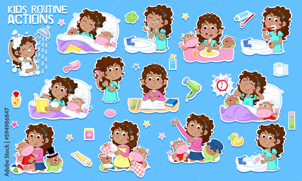 Learning concept - Daily routine of a little black girl with curly dark ...