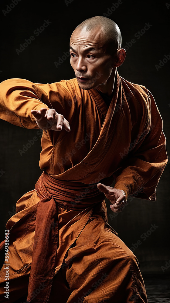 Buddhist monk practicing martial art. Generative AI illustration Stock ...